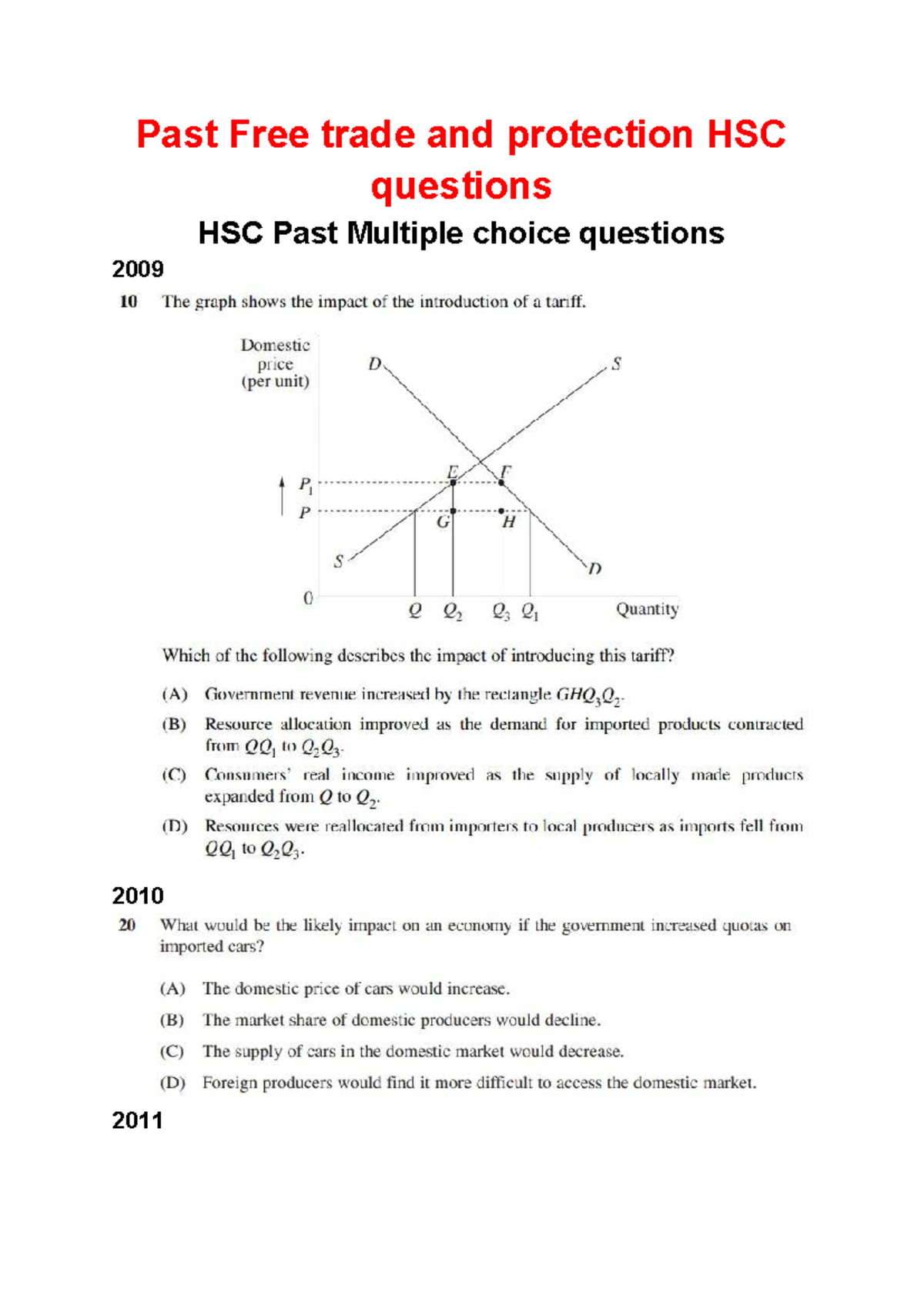 HSC Economics Past Free Trade & Protection Questions - Studocu