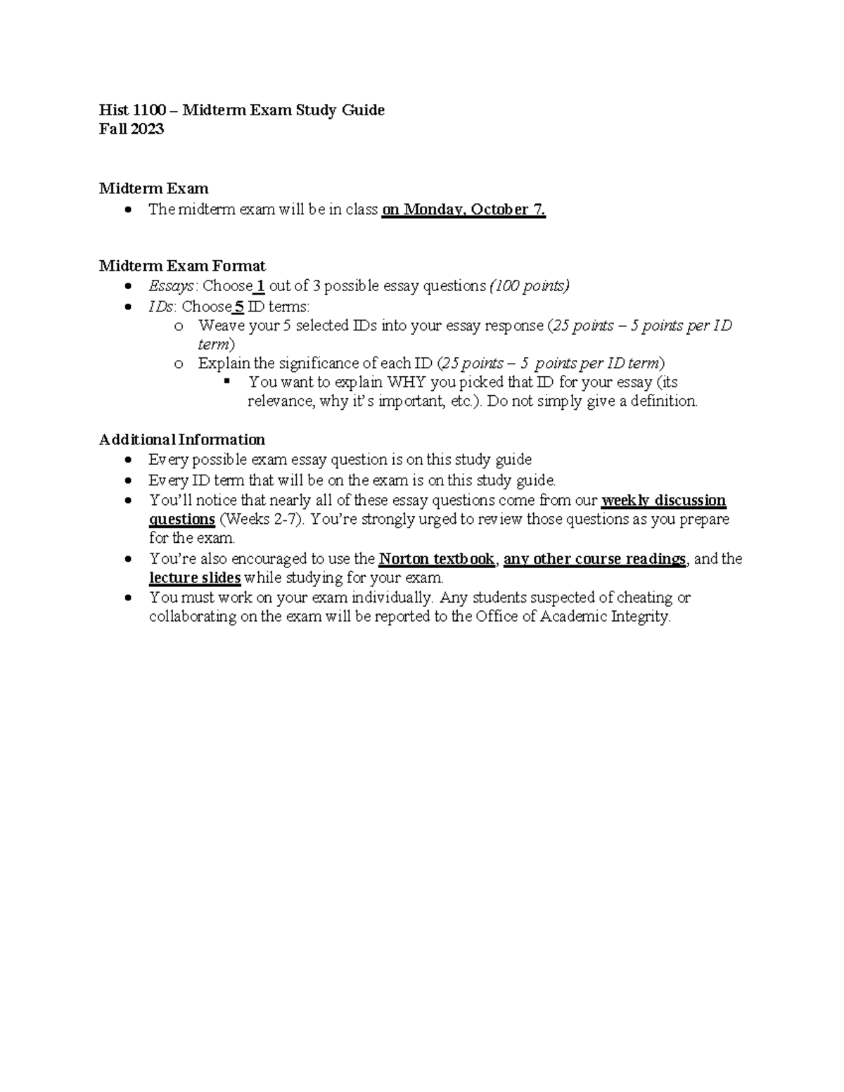 Hist 1100 Fall 2024 Midterm Exam Study Guide and Essay Questions - Studocu