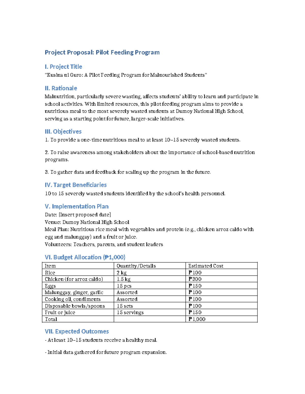 Feeding Program Proposal: Pilot Initiative for Malnourished Students ...