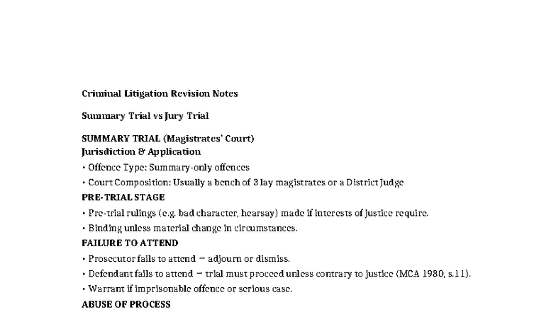 Criminal Litigation Revision Notes: Summary vs Jury Trial - Studocu