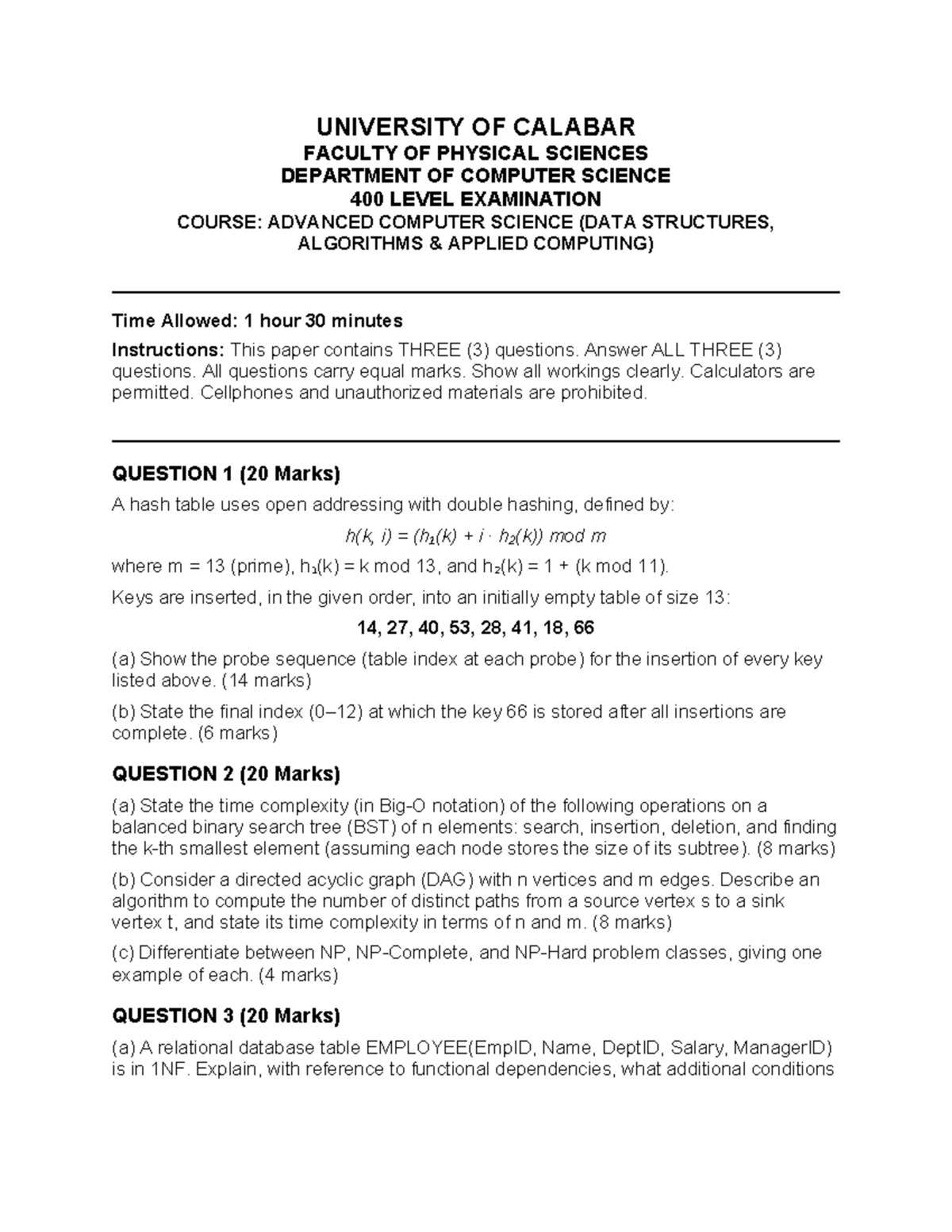 CSC400 Final Exam: Advanced Computer Science (Data Structures ...