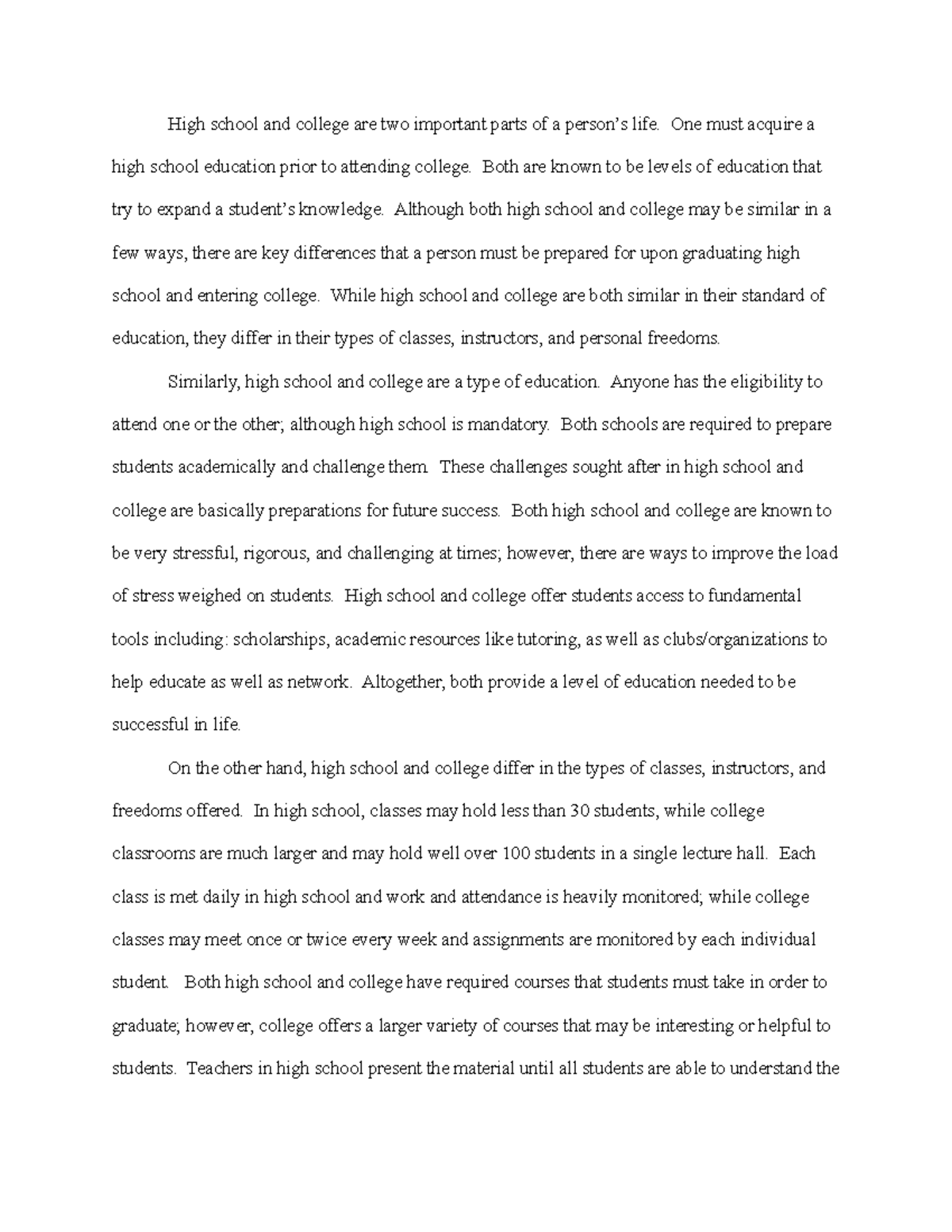 High School vs College: A Comparison Essay on Education Stages - Studocu