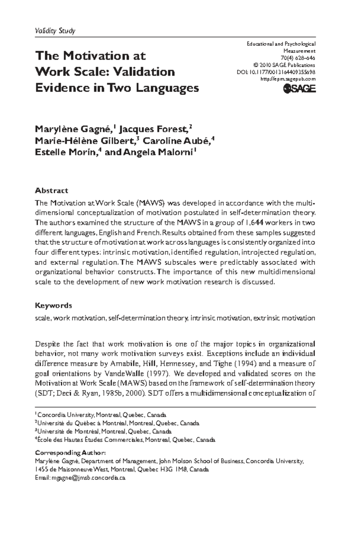 MAWS Validation Study: Evidence of Motivation at Work in Two Languages ...