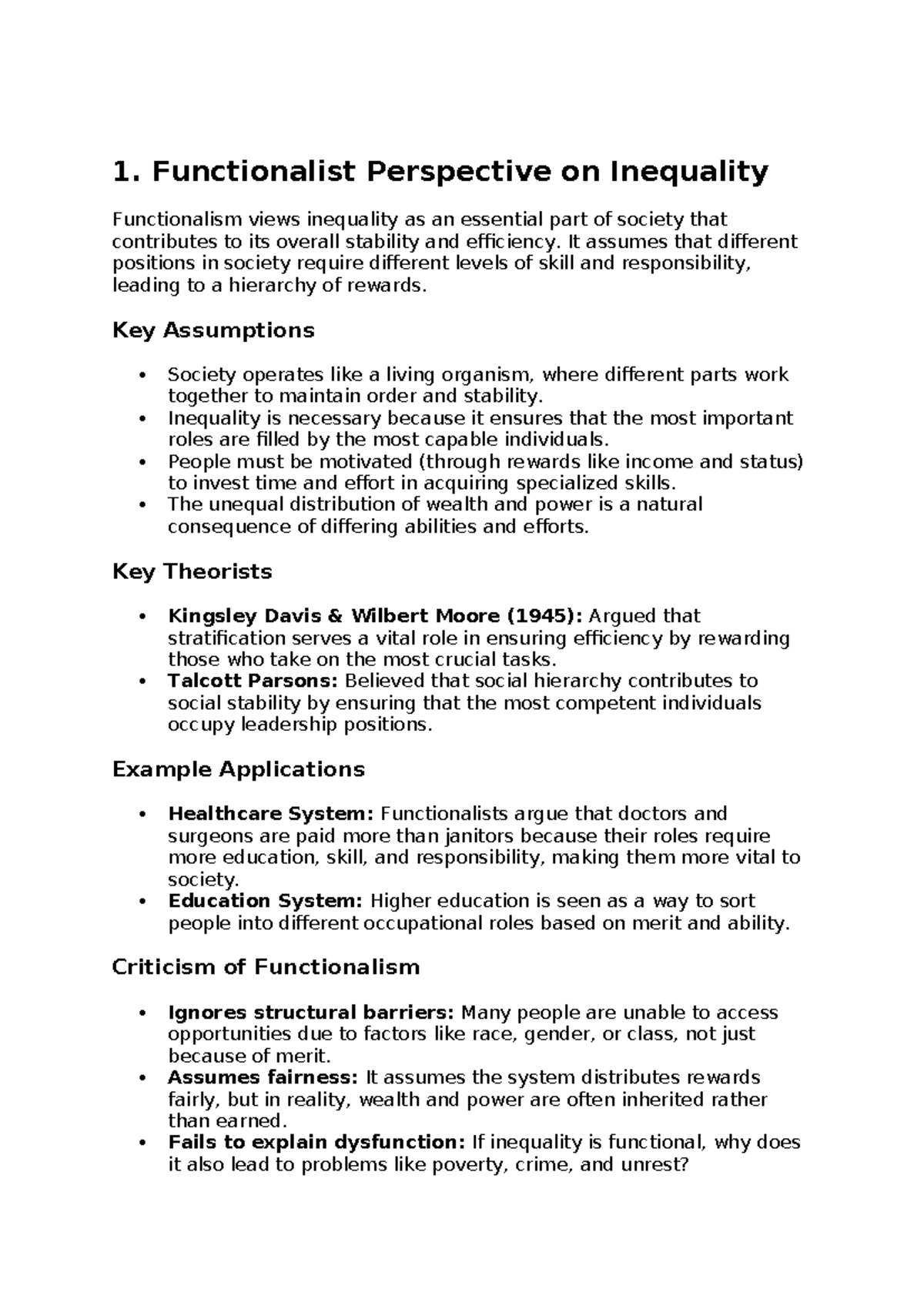 Perspectives - 1. Functionalist Perspective on Inequality Functionalism ...