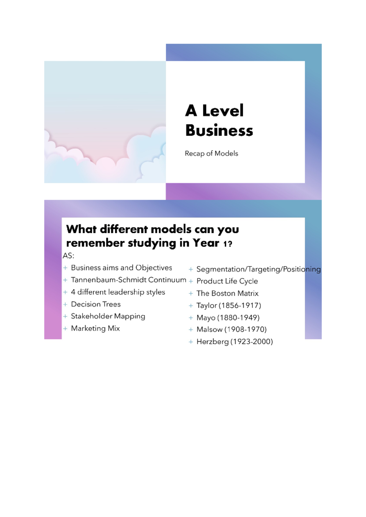 A Level Business Recap: Key Models from Year 1 Overview - Studocu