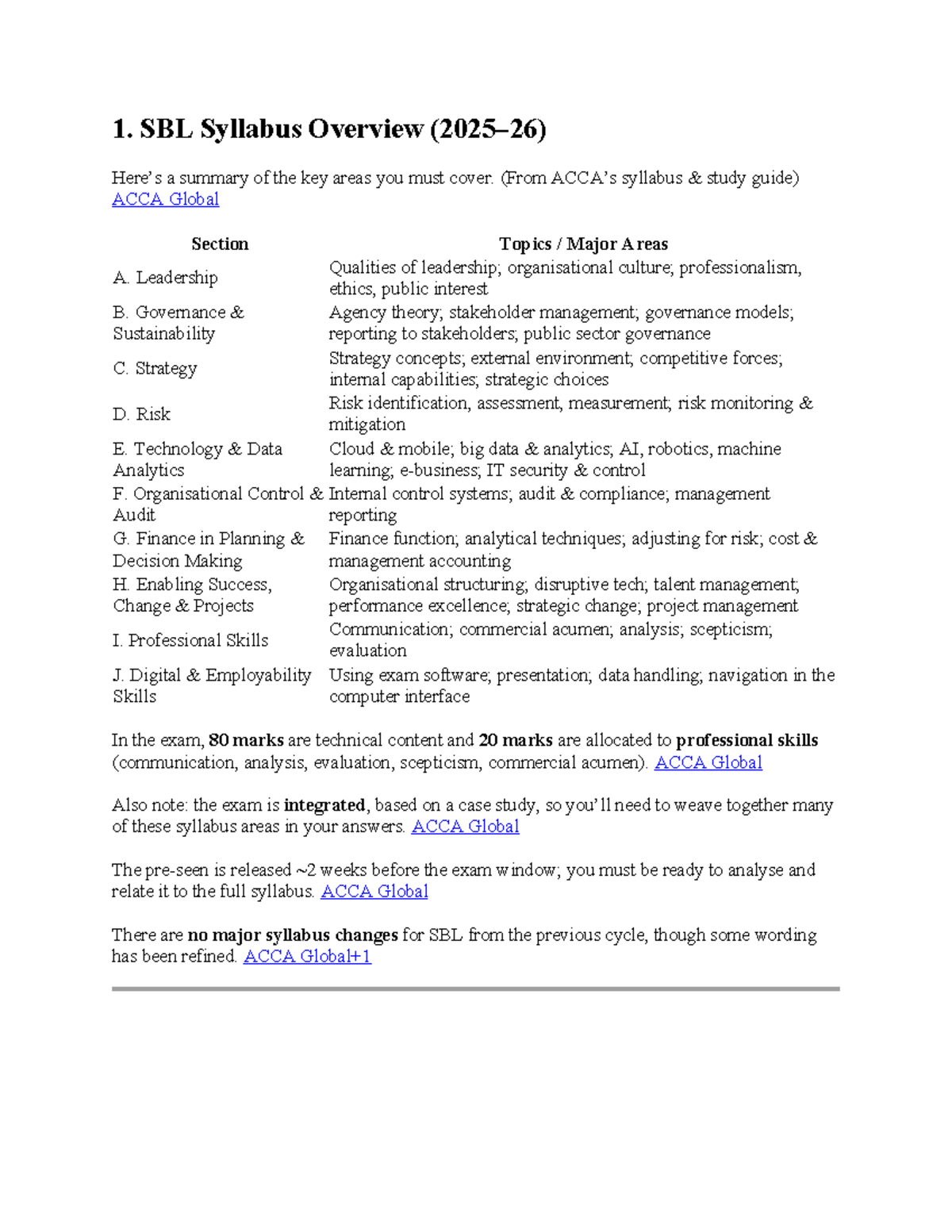 SBL Study Plan: Key Areas and Strategies for Success in ACCA Exam - Studocu