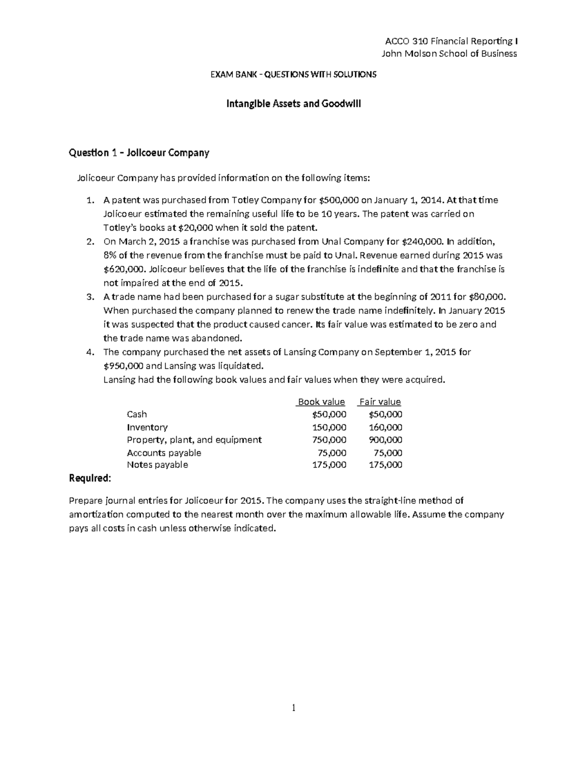 ACCO 310 Financial Reporting I: Intangibles, Goodwill & Impairment ...