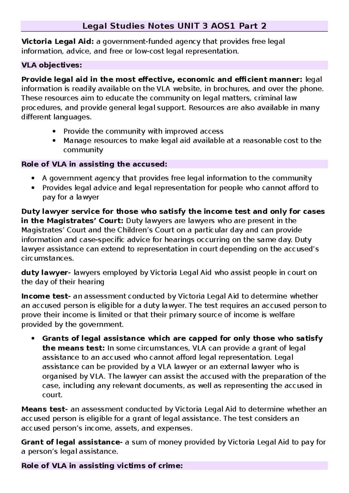 Legal Studies Notes UNIT 3 AOS1 Part 2: Victoria Legal Aid Overview ...