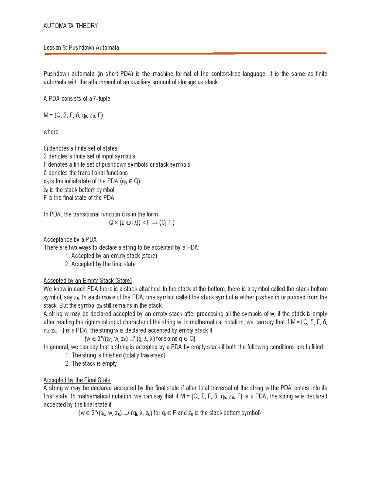 Lesson 8 - Pushdown Automata - Lesson 8: Pushdown Automata Pushdown ...