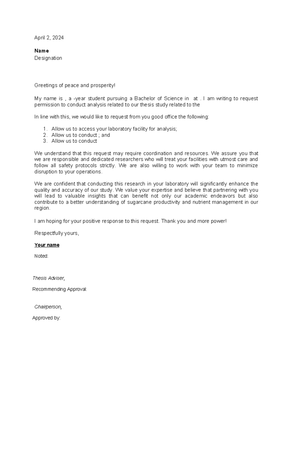 BSC 101 Thesis Study Request Communication Letter - Studocu