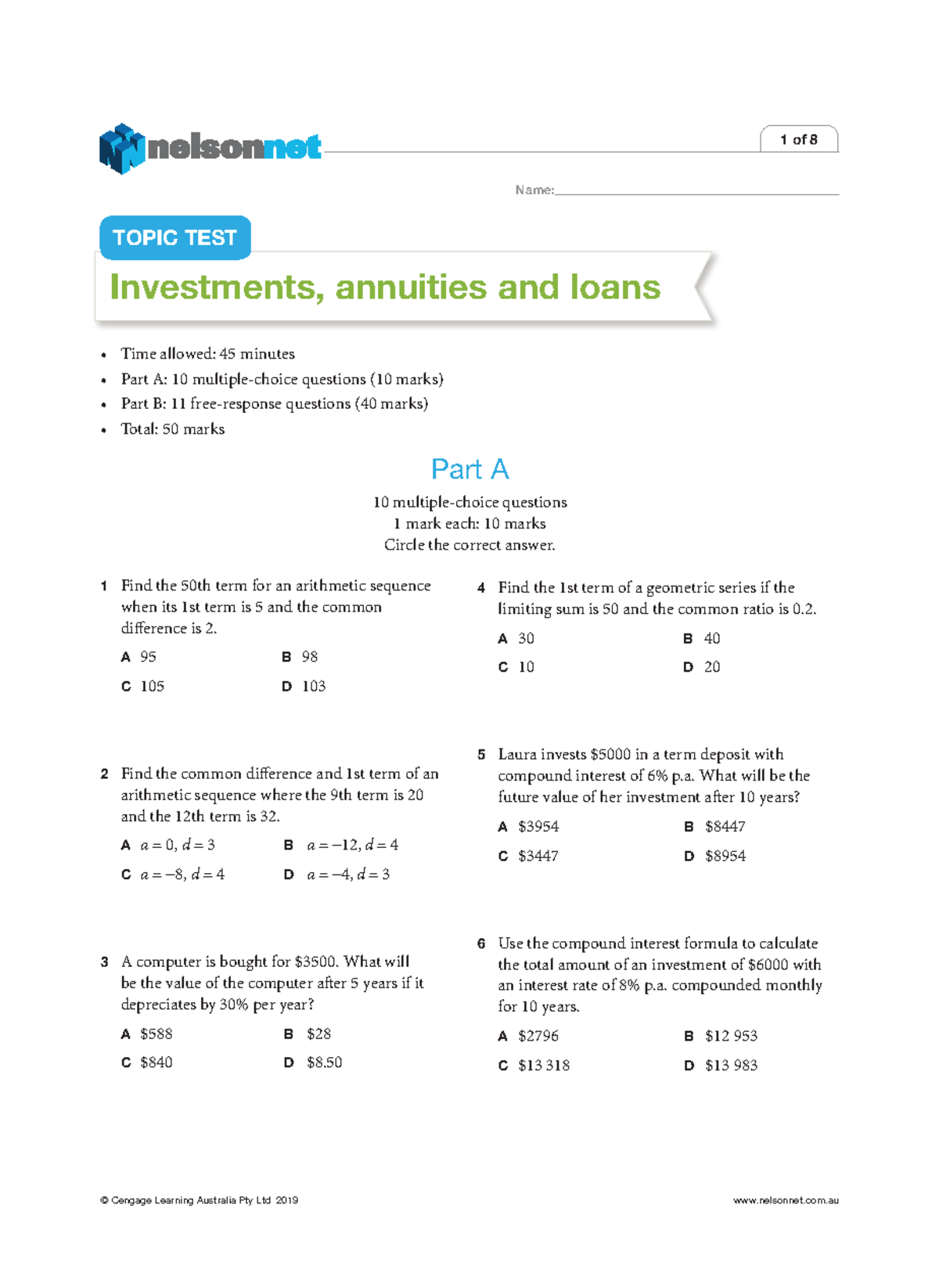 Financial Maths Topic Test: Investments, Annuities & Loans - Studocu