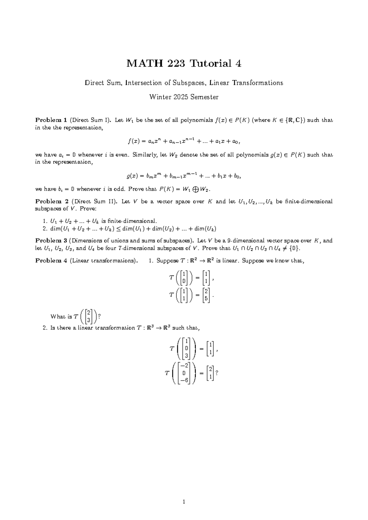 W2025 MATH 223 Tutorial 4: Direct Sums & Linear Transformations - Studocu
