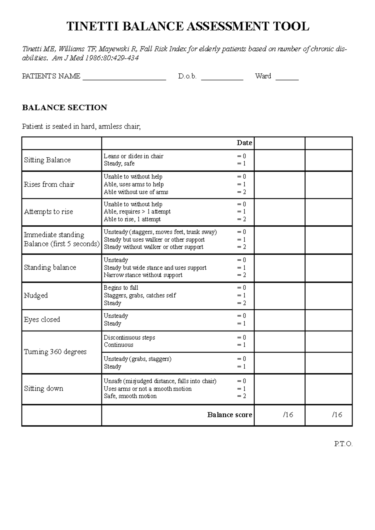 Tinetti Balance Assessment Tool - TINETTI BALANCE ASSESSMENT TOOL ...