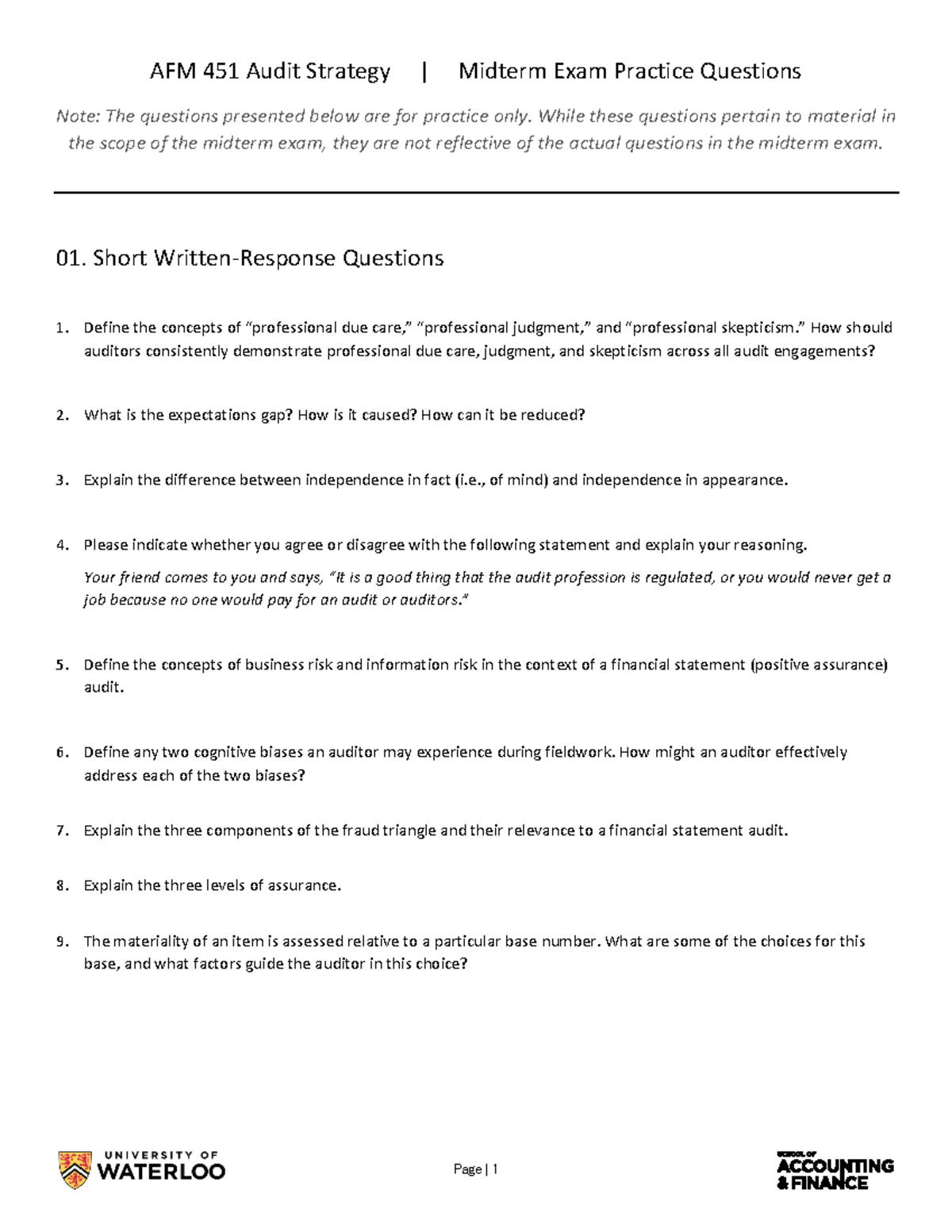 S25 AFM 451 Audit Strategy Midterm Exam Prep - Practice Questions - Studocu