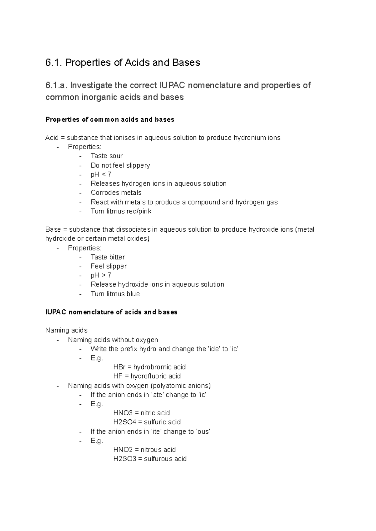 Chemistry Year 12 Notes: Properties of Acids and Bases (6.1) - Studocu