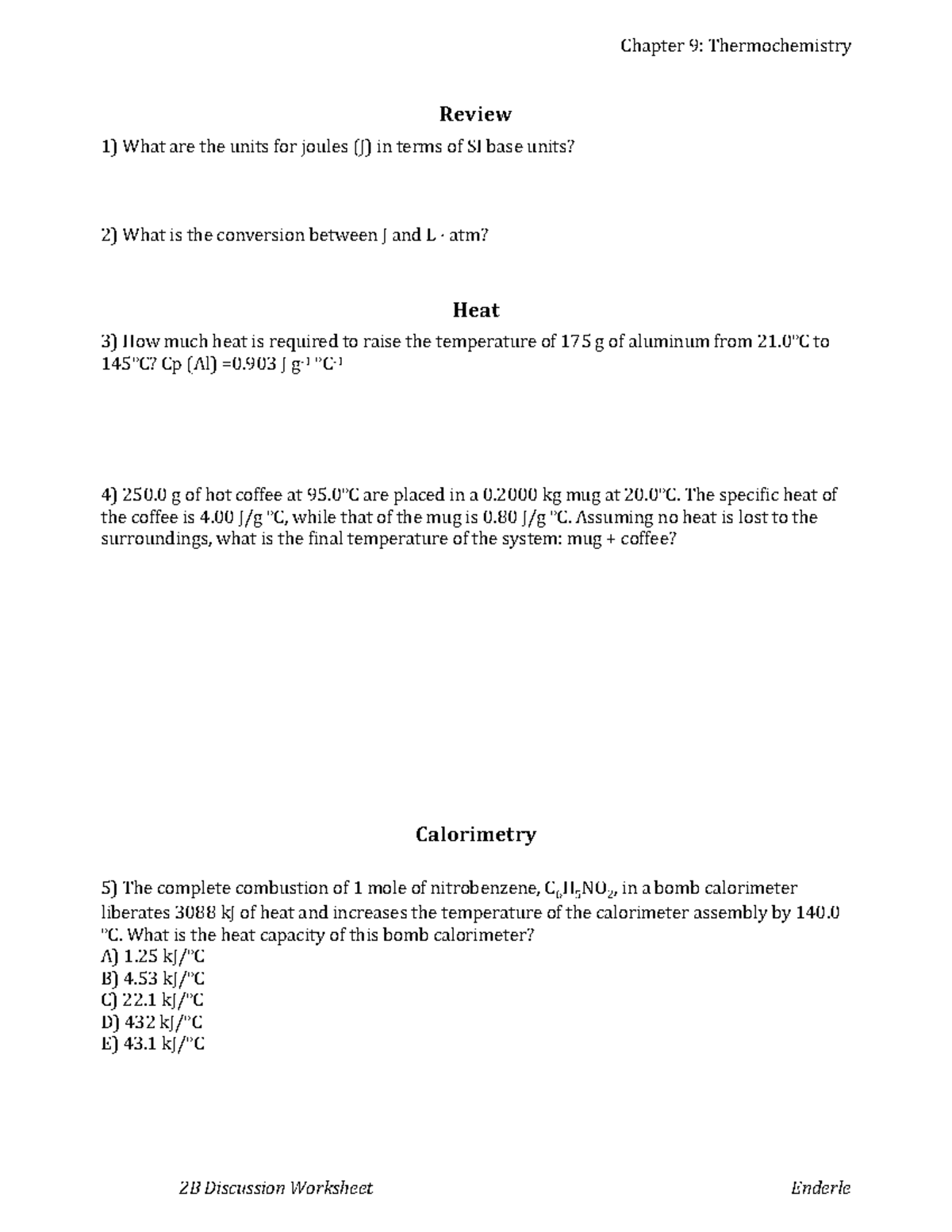 CHE 2B Chapter 9: Thermochemistry Review & Discussion Worksheets - Studocu