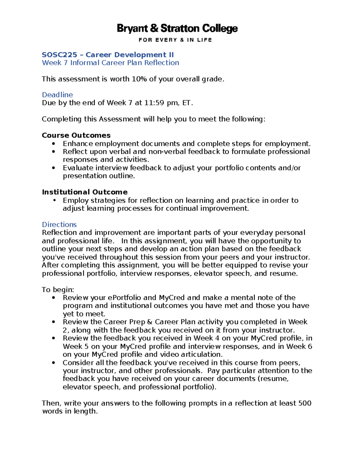 SOSC225 Week 7 Career Development Informal Plan Reflection - Studocu