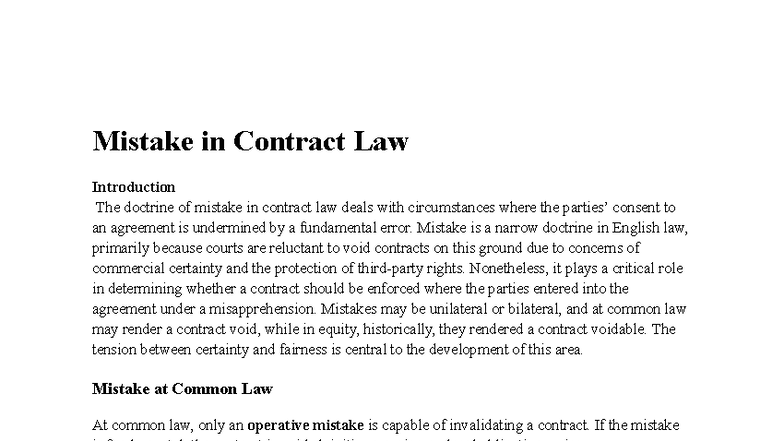 Mistake in Contract Law: Key Concepts and Case Studies - Studocu
