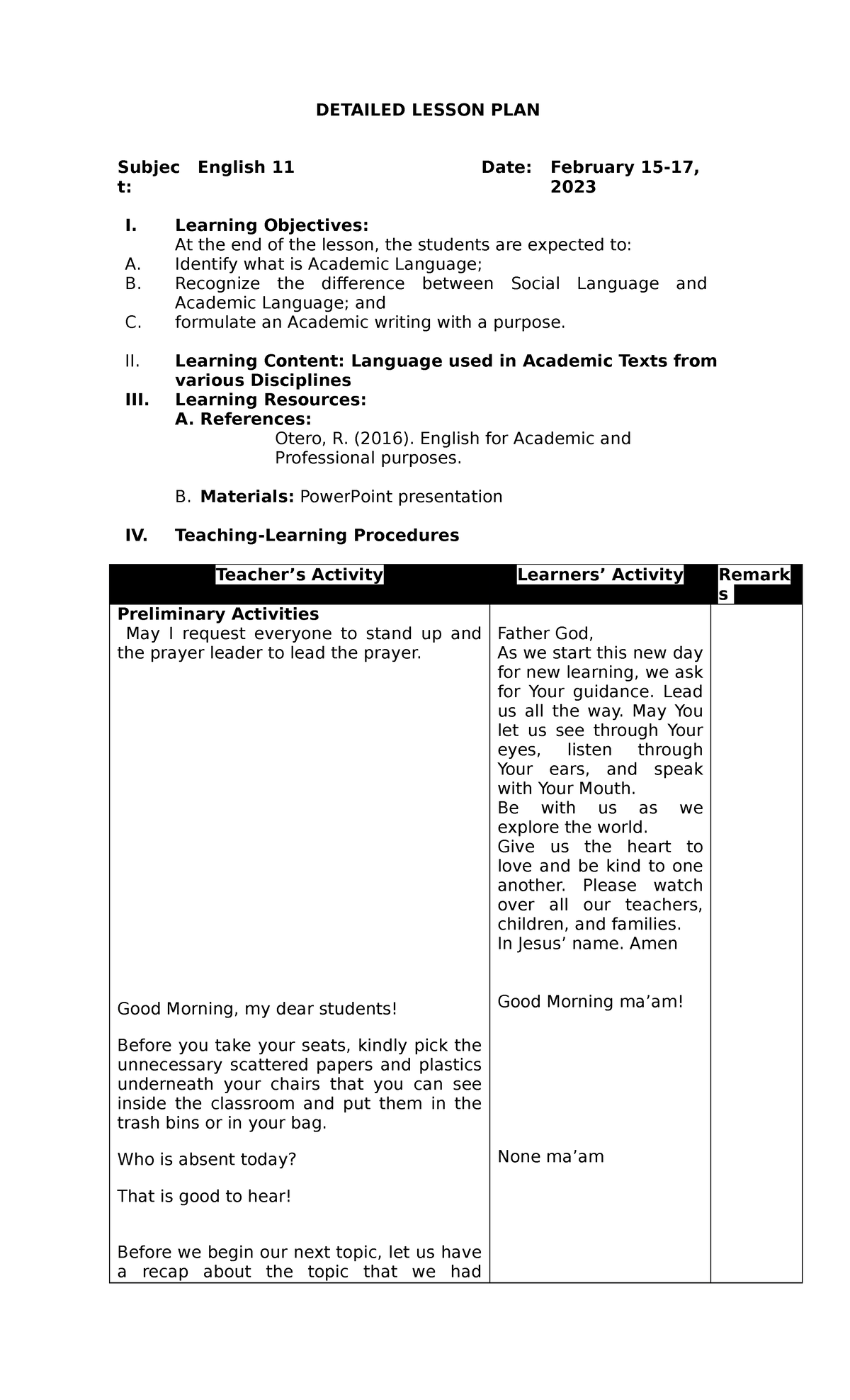 EAPP M1-L2 - Detailed lesson plan - DETAILED LESSON PLAN Subjec t: English 1 1 Date: February 15 ...