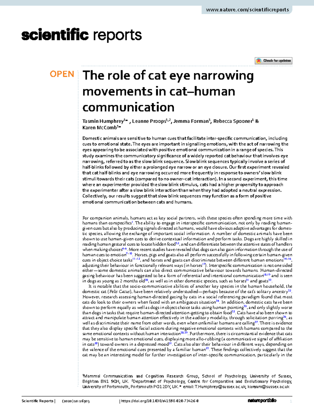 The Role of Cat Eye Narrowing Movements in Cat-Human Communication (PSY ...