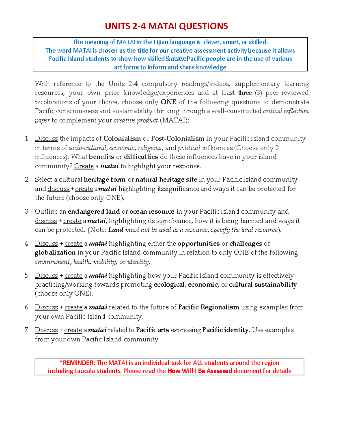 Matai Questions for Creative Assessment (Units 2-4 Study Guide) - Studocu