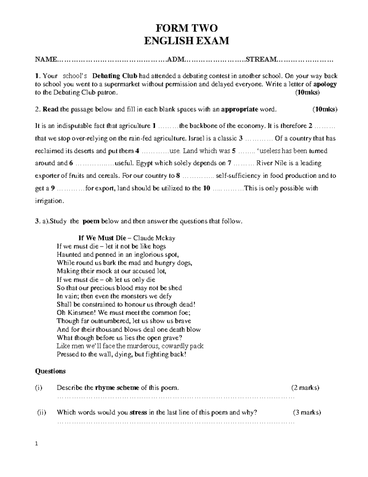 FORM TWO ENGLISH GRAMMAR REVISION & EXAM PREPARATION - Studocu