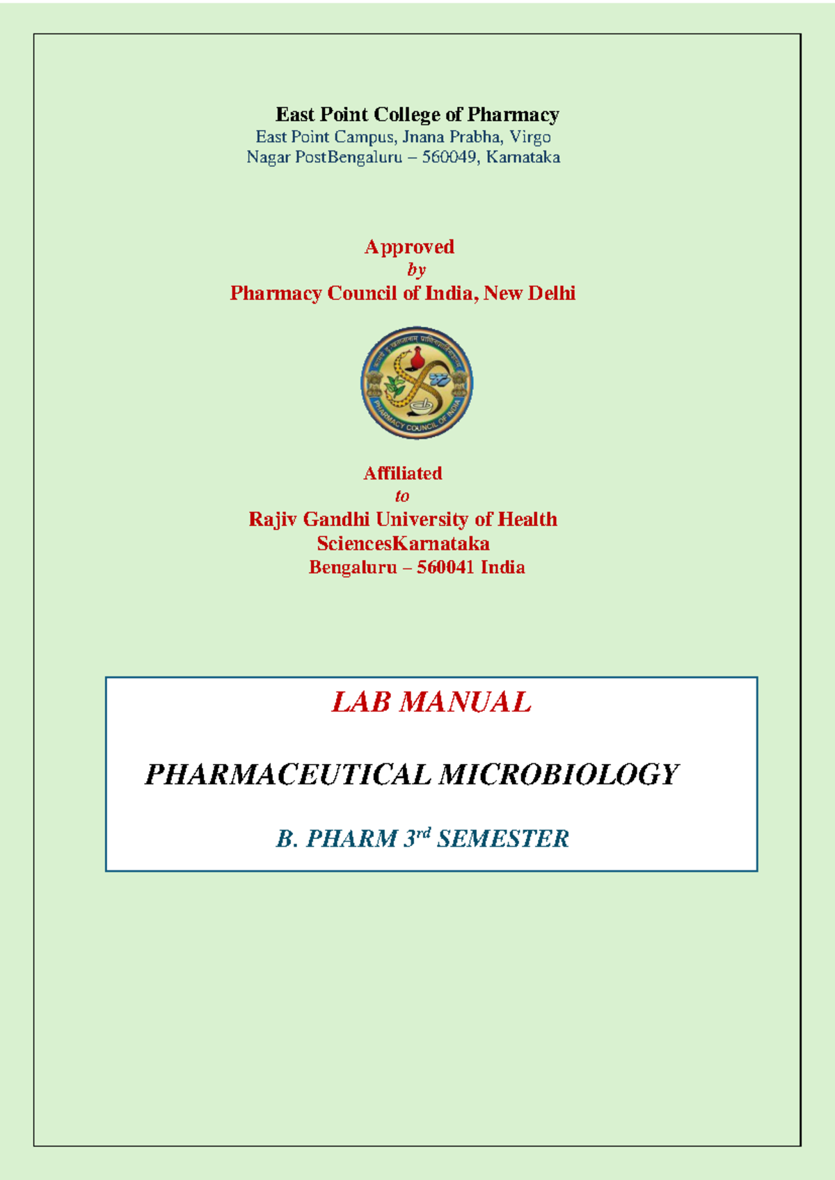 LAB MANUAL: PHARMACEUTICAL MICROBIOLOGY (B. PHARM 3rd SEM) - Studocu