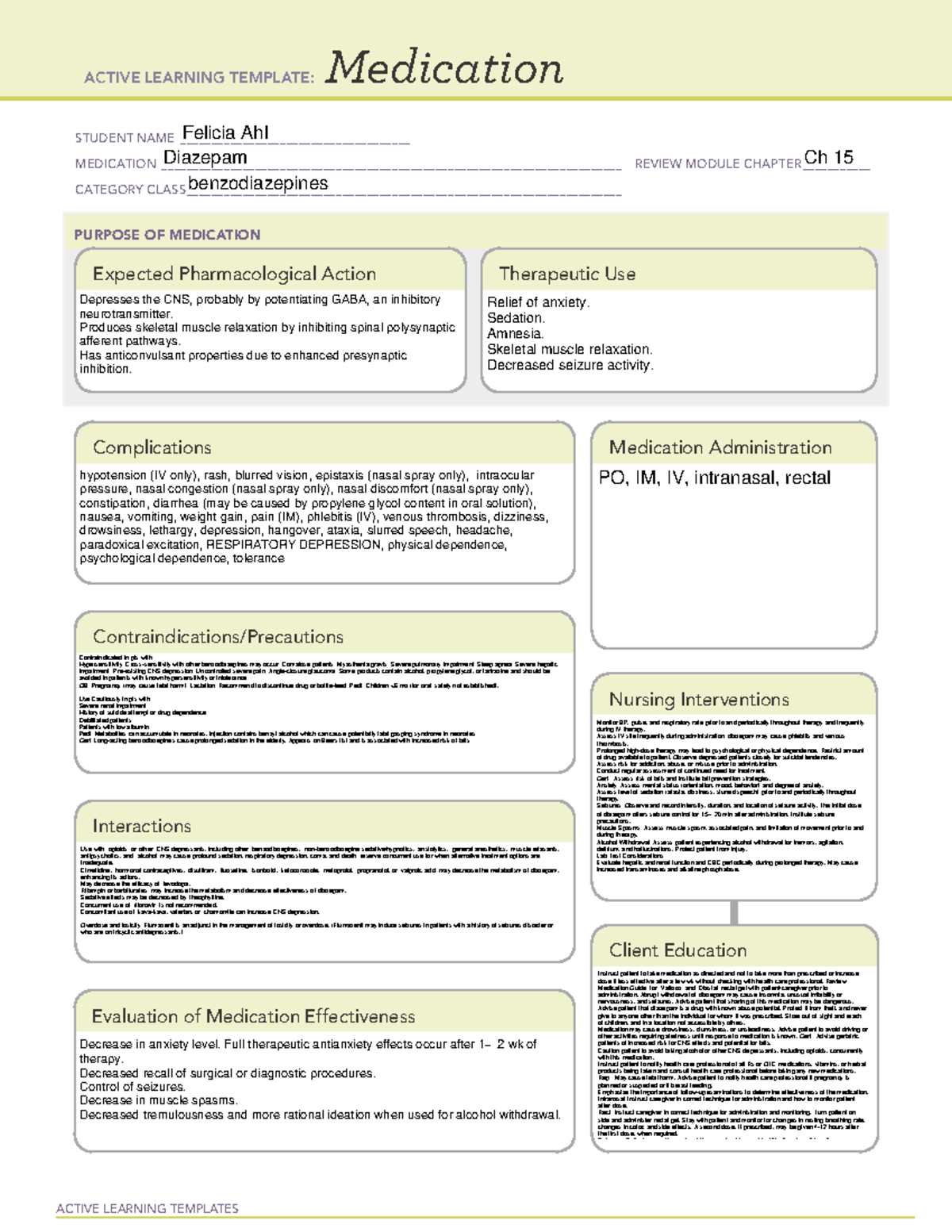 Diazepam Drug Card Study (Pharmacology 101) - Chapter 15 Notes - Studocu