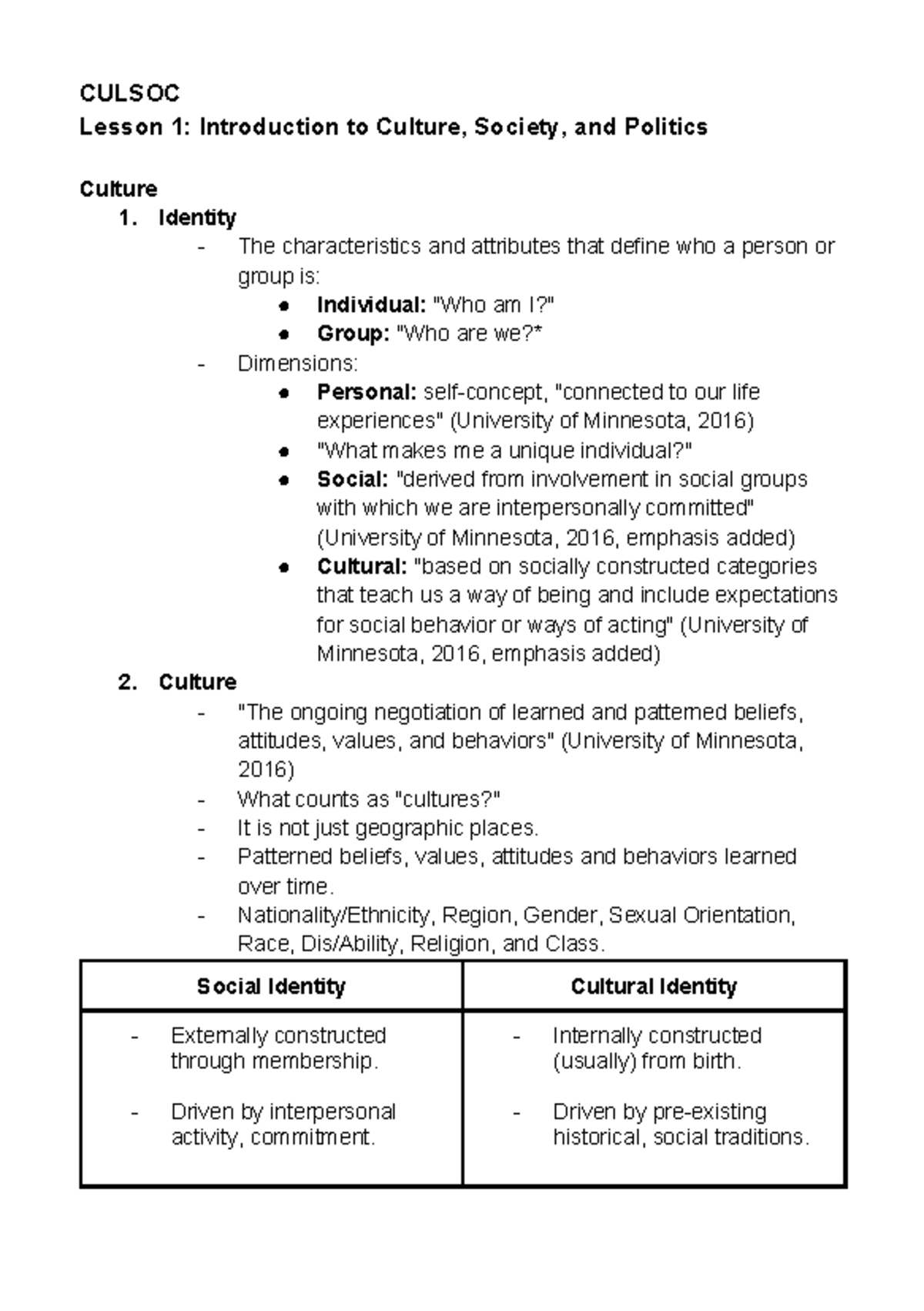 CULSOC Lesson 1-5: Key Concepts in Culture, Society, and Politics - Studocu