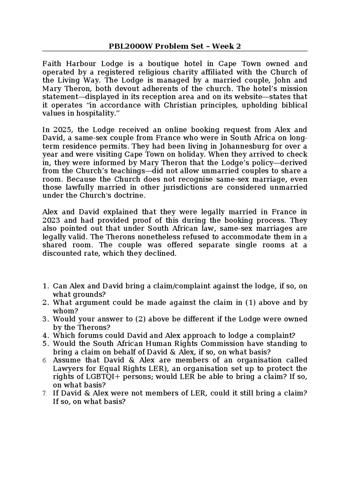 Week 2 Problem Set: Legal Issues at Faith Harbour Lodge - Studocu
