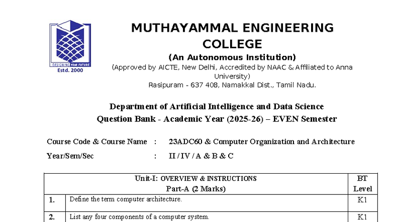 Question Bank for 23ADC60: Computer Organization & Architecture - Studocu