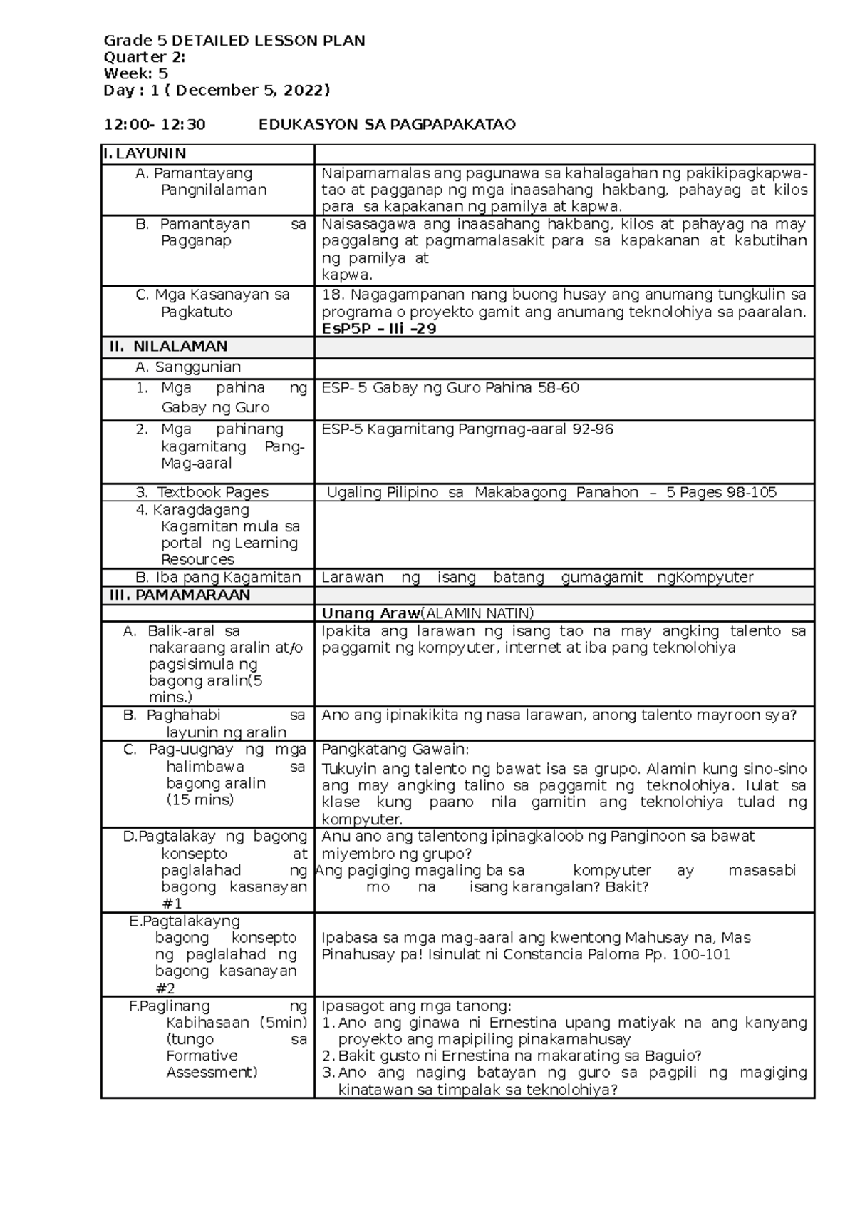 Grade 5 Detailed Lesson Plan for Week 5: Edukasyon sa Pagpapakatao ...
