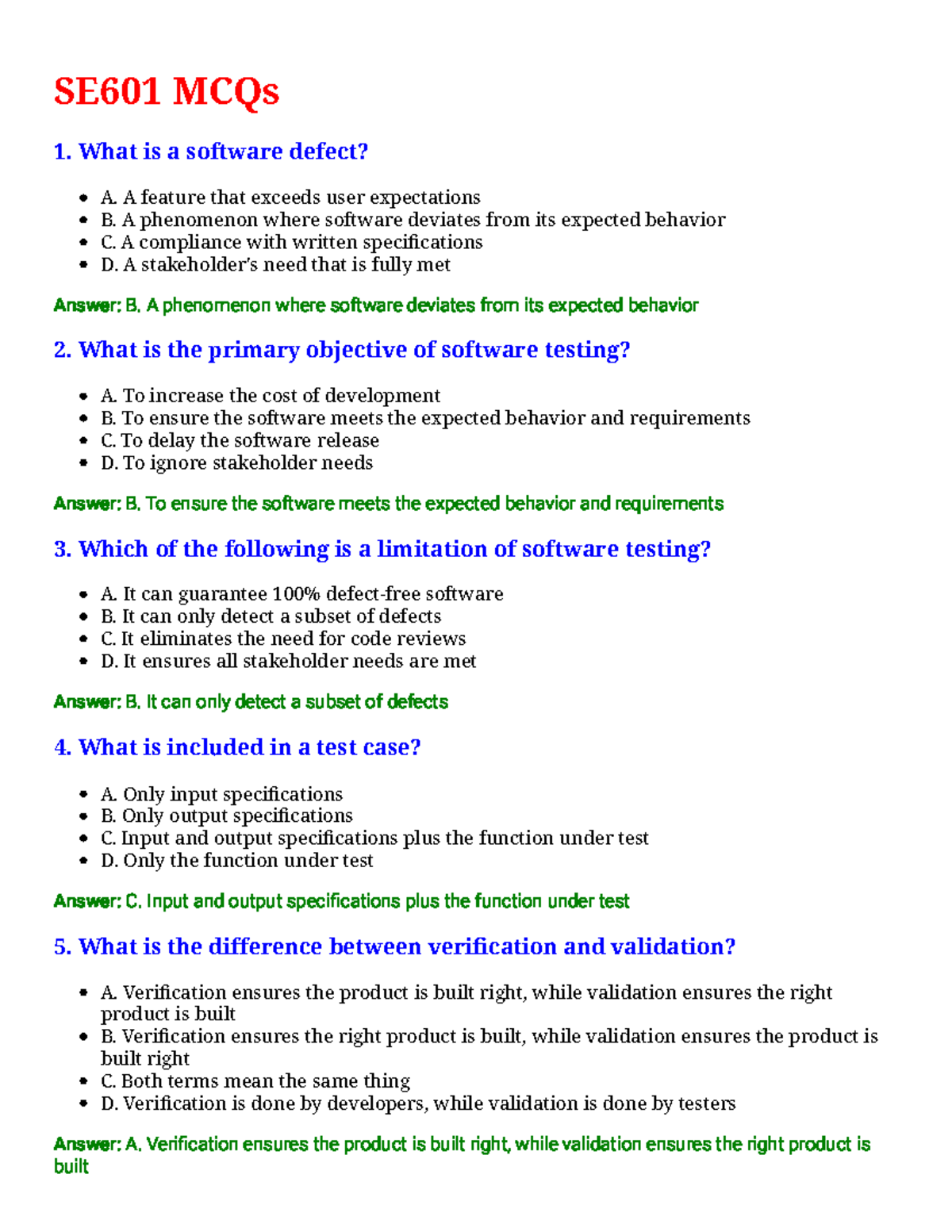 SE601 and se601p MCQs - ... - SE601 MCQs 1. What is a software defect ...