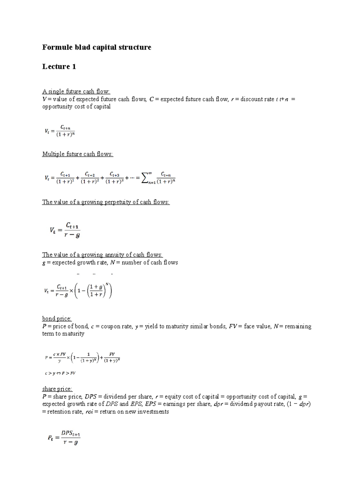 Capital Structure Formulas - Lecture Notes (Course Code: FIN101 ...
