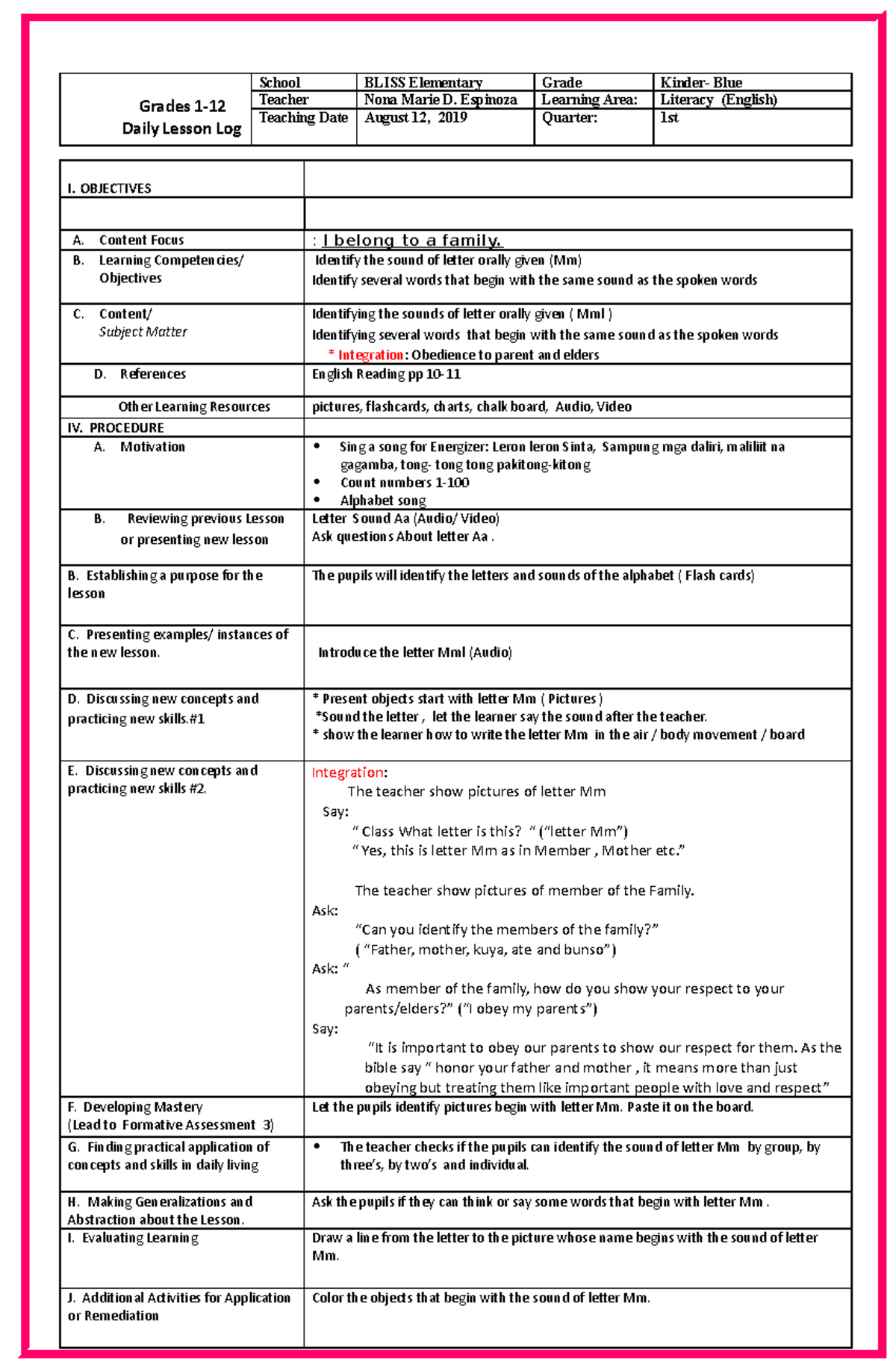 Daily Lesson Log: Letter M for Kinder - August 12, 2019 - Studocu