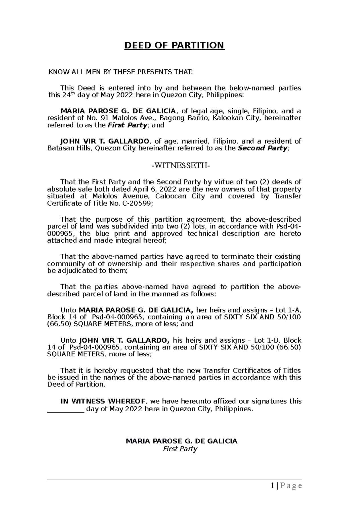 Deed of Partition - Maria Parose G. De Galicia & John Vir T. Gallardo ...
