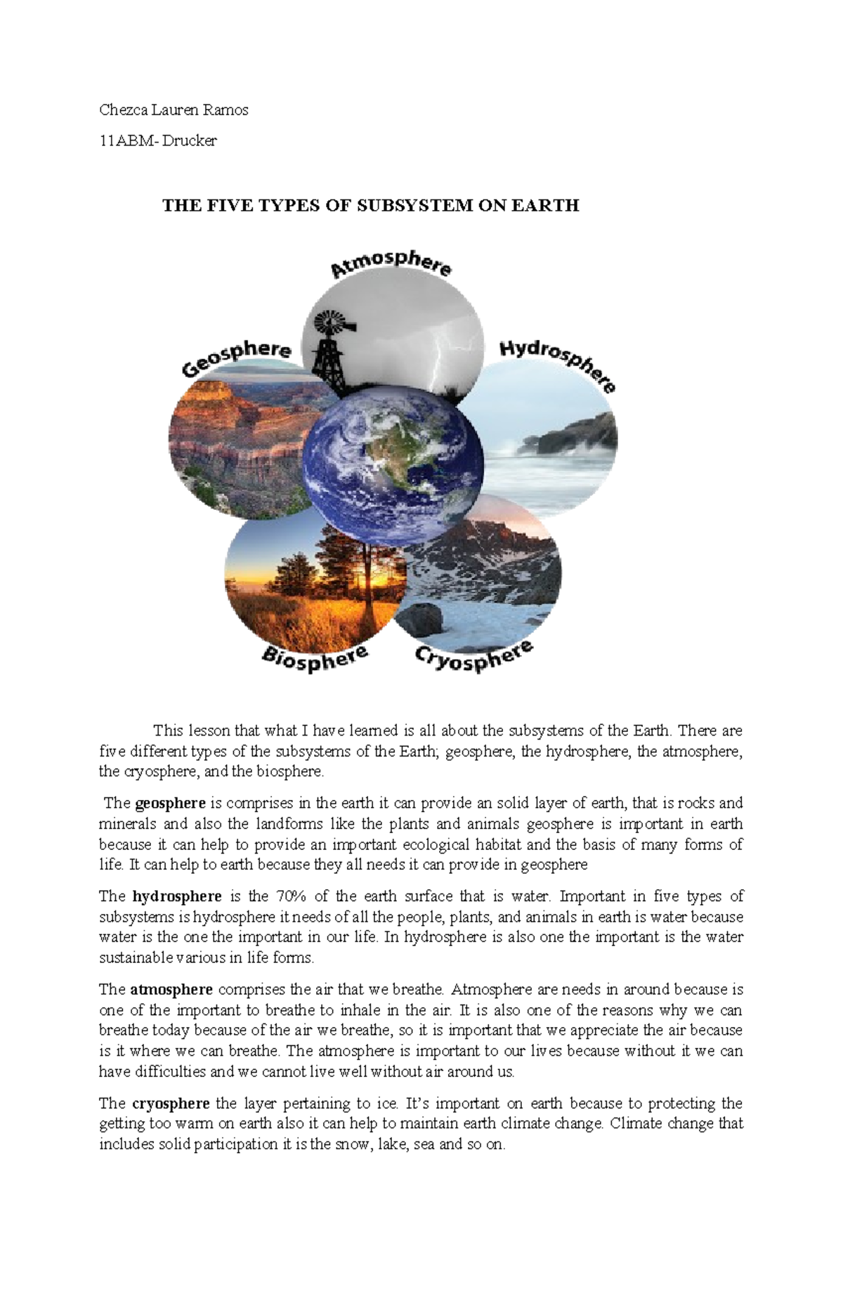 11ABM - Lesson on Earth's Five Subsystem Types: Geosphere, Hydrosphere ...
