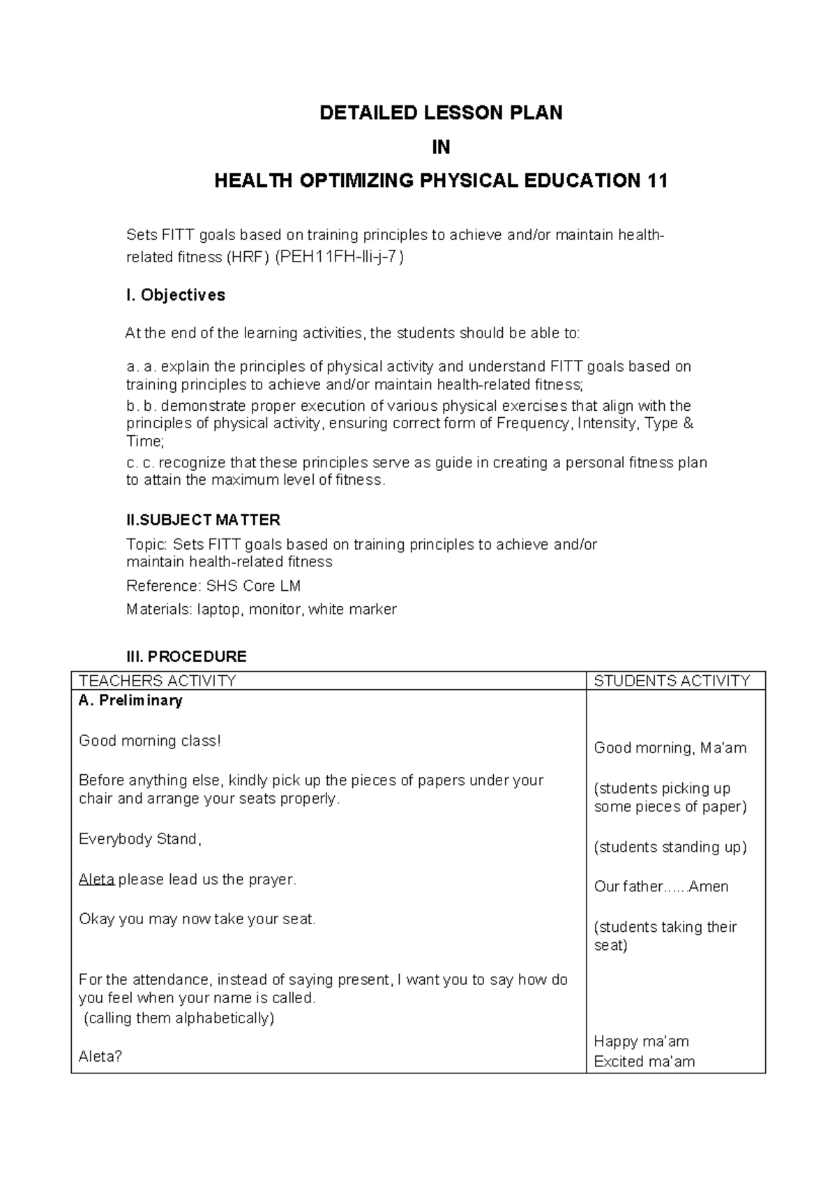 Detailed Lesson Plan on FITT Principle for Health Optimizing PE 1 - Studocu
