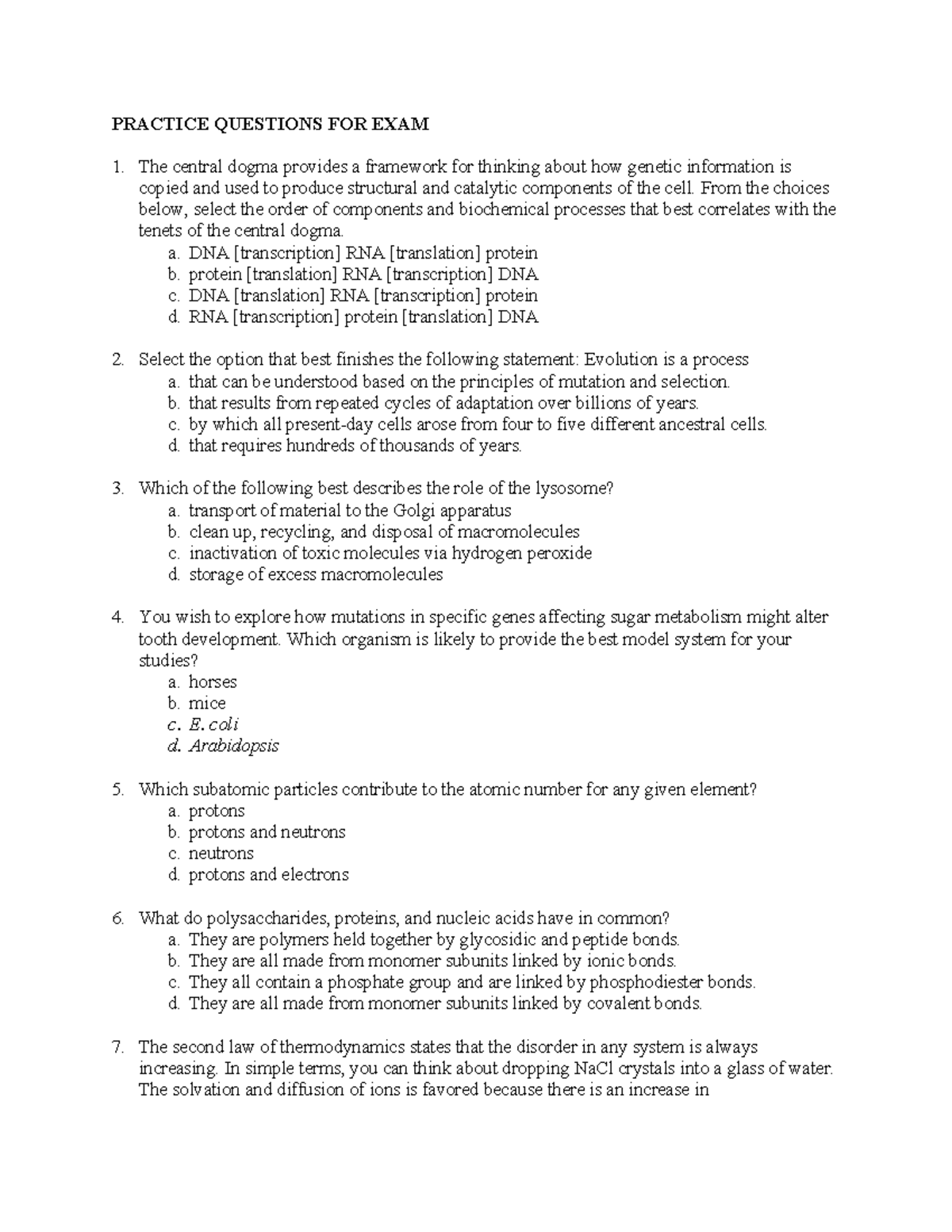 Practice Questions for BIO 101 Final Exam - Studocu