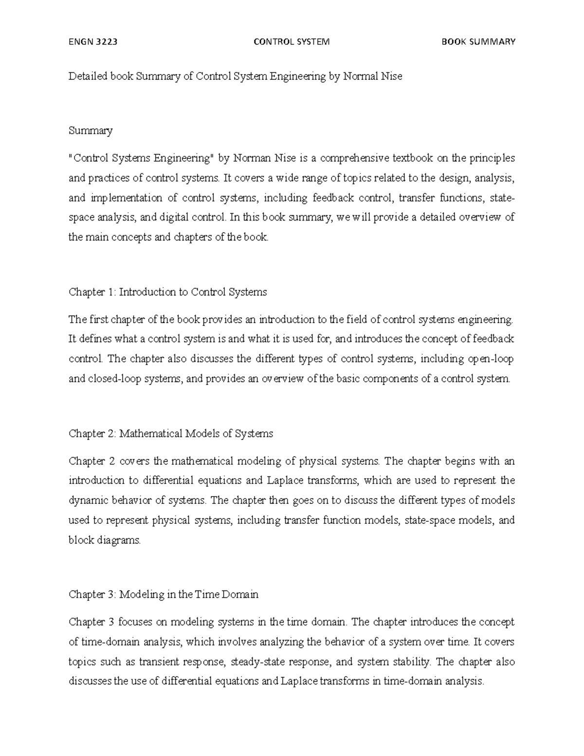 Detailed Summary of Control Systems Engineering (ENGR 302) by Nise ...