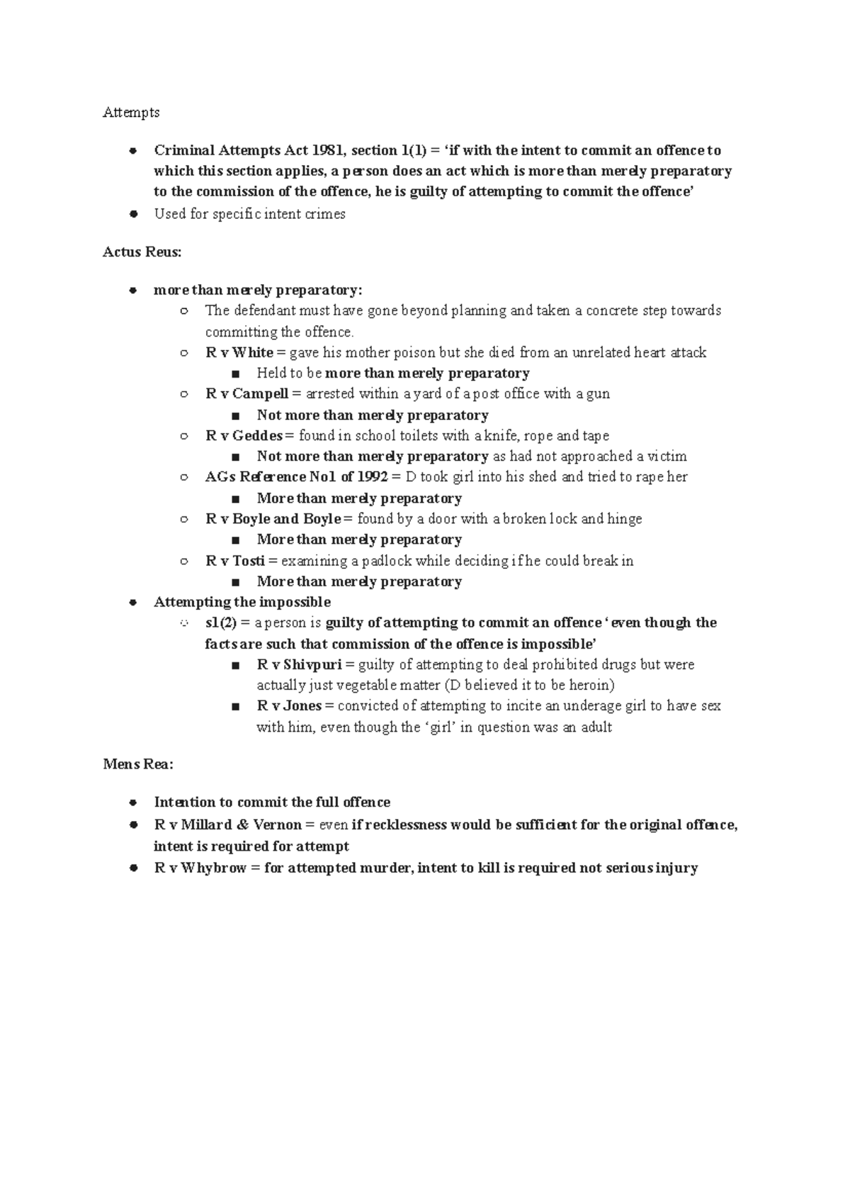 Criminal Attempts Act 1981: Detailed Analysis & Case Summaries - Studocu