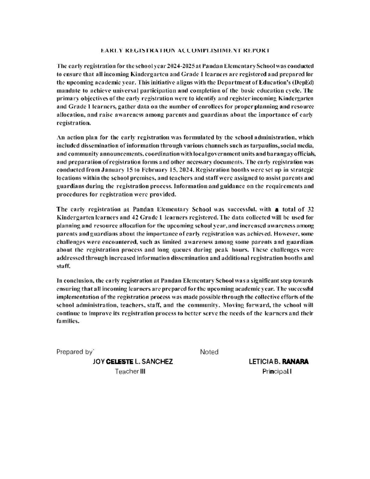 Early Registration Accomplishment Report: Pandan Elementary School ...