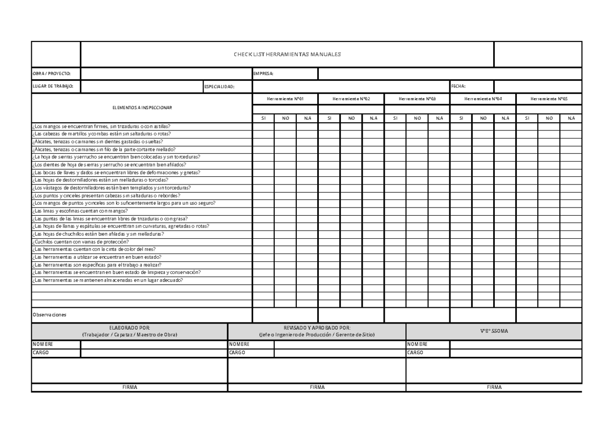 Check List Herramientas Manuales Rev. 01 - EMPRESA: ESPECIALIDAD: SI NO N SI NO N SI NO N SI NO ...