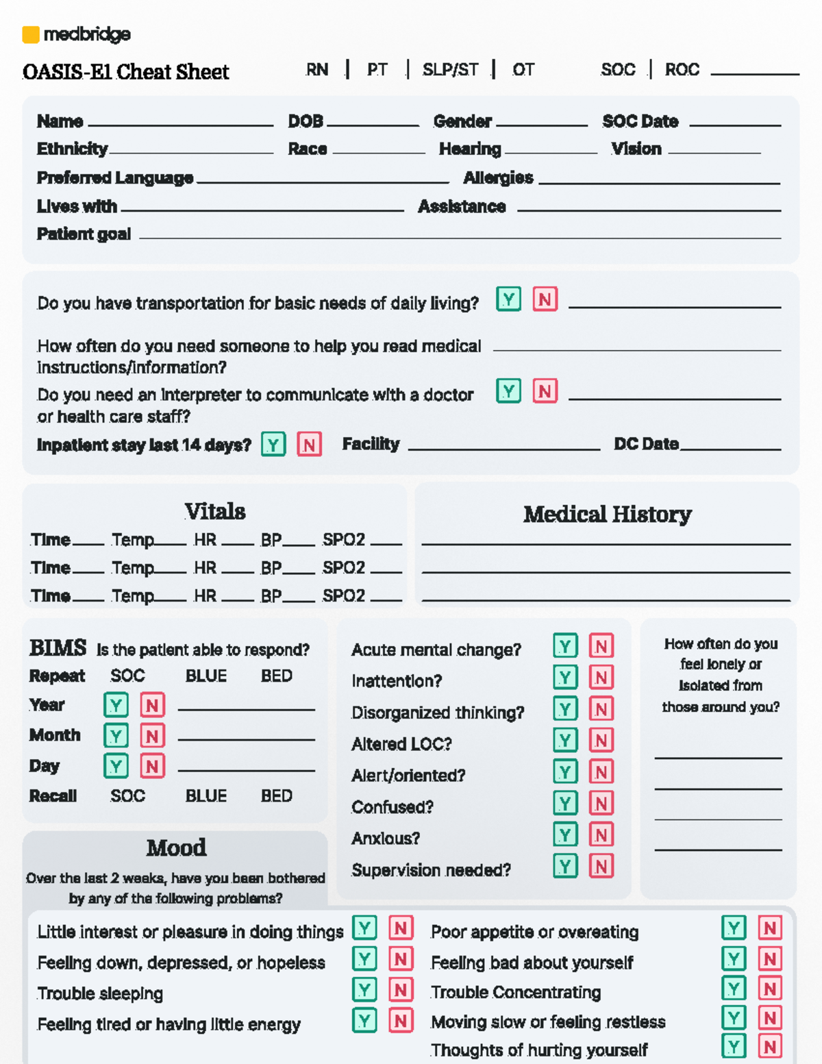 OASIS-E1 Cheat Sheet for RN | PT | SLP/ST | OT Assessment - Studocu