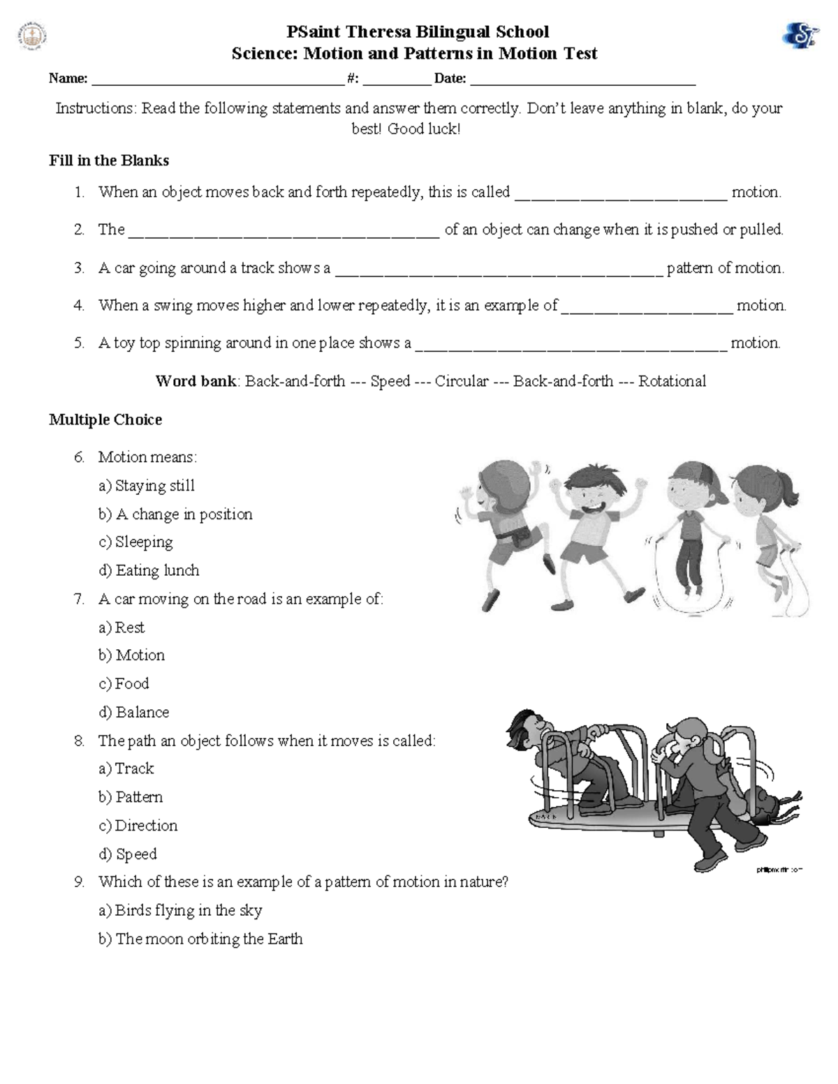 PSaint Theresa Bilingual School Science: 3rd Grade Motion Test - Studocu