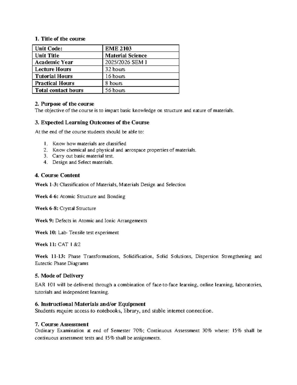 EME 2103 - Material Science Course Outline and Learning Outcomes - Studocu