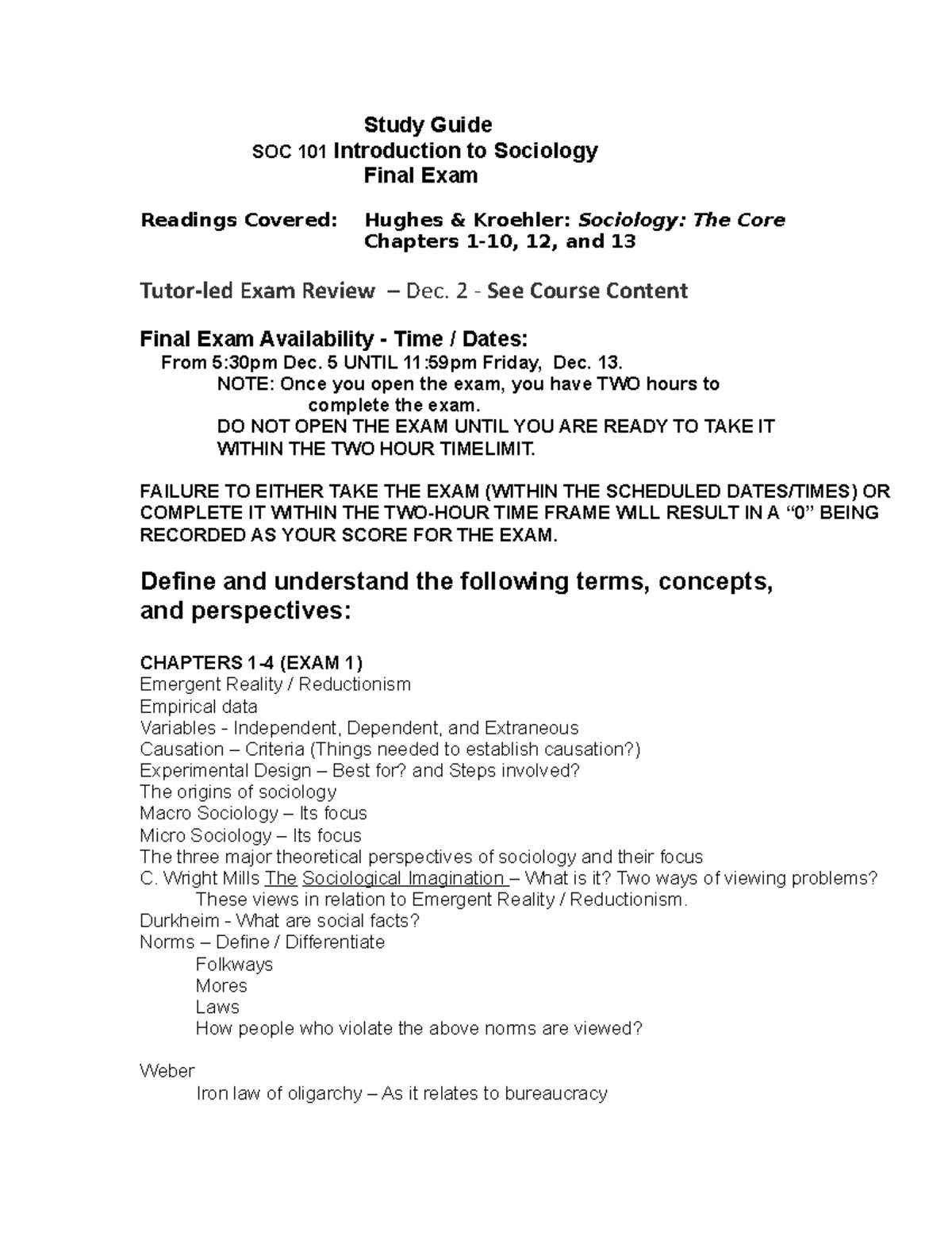 Soc 101 Final Exam Study Guide Study Guide Soc 101 Introduction To