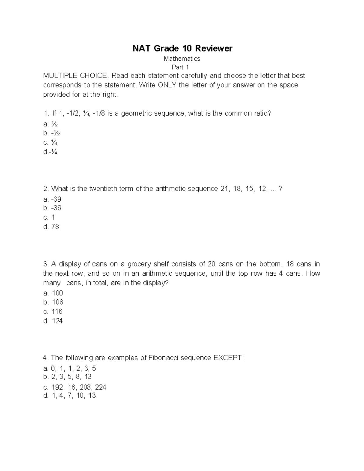 NAT Grade 10 Mathematics Reviewer: Multiple Choice Questions Part 1 ...