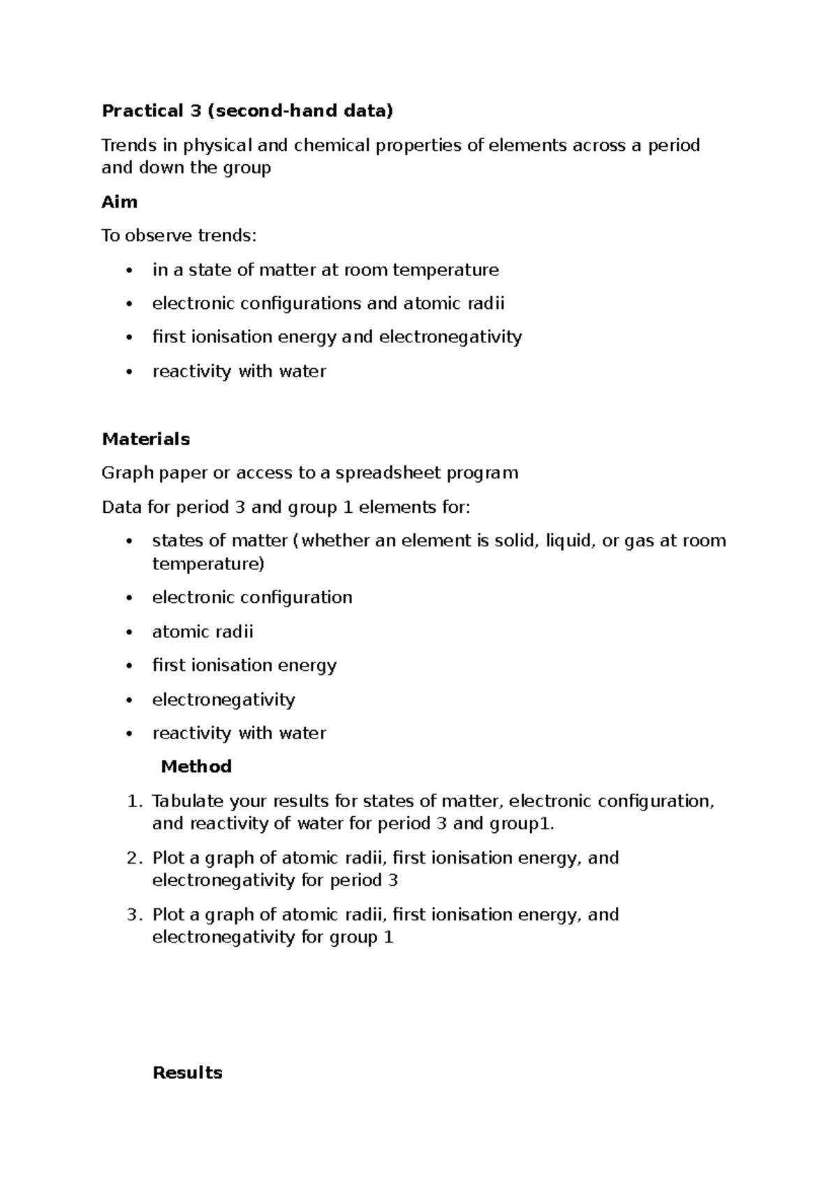 Practical 3: Trends in Physical & Chemical Properties of Elements - Studocu