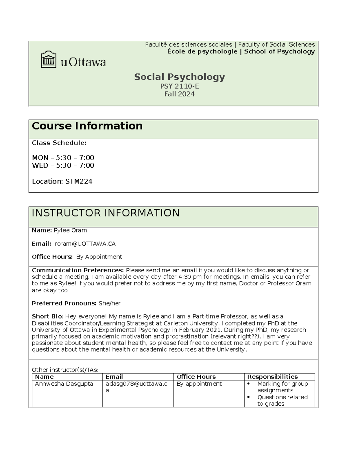 PSY2110-E Social Psychology Syllabus Fall 2024 - Instructor: Rylee Oram ...